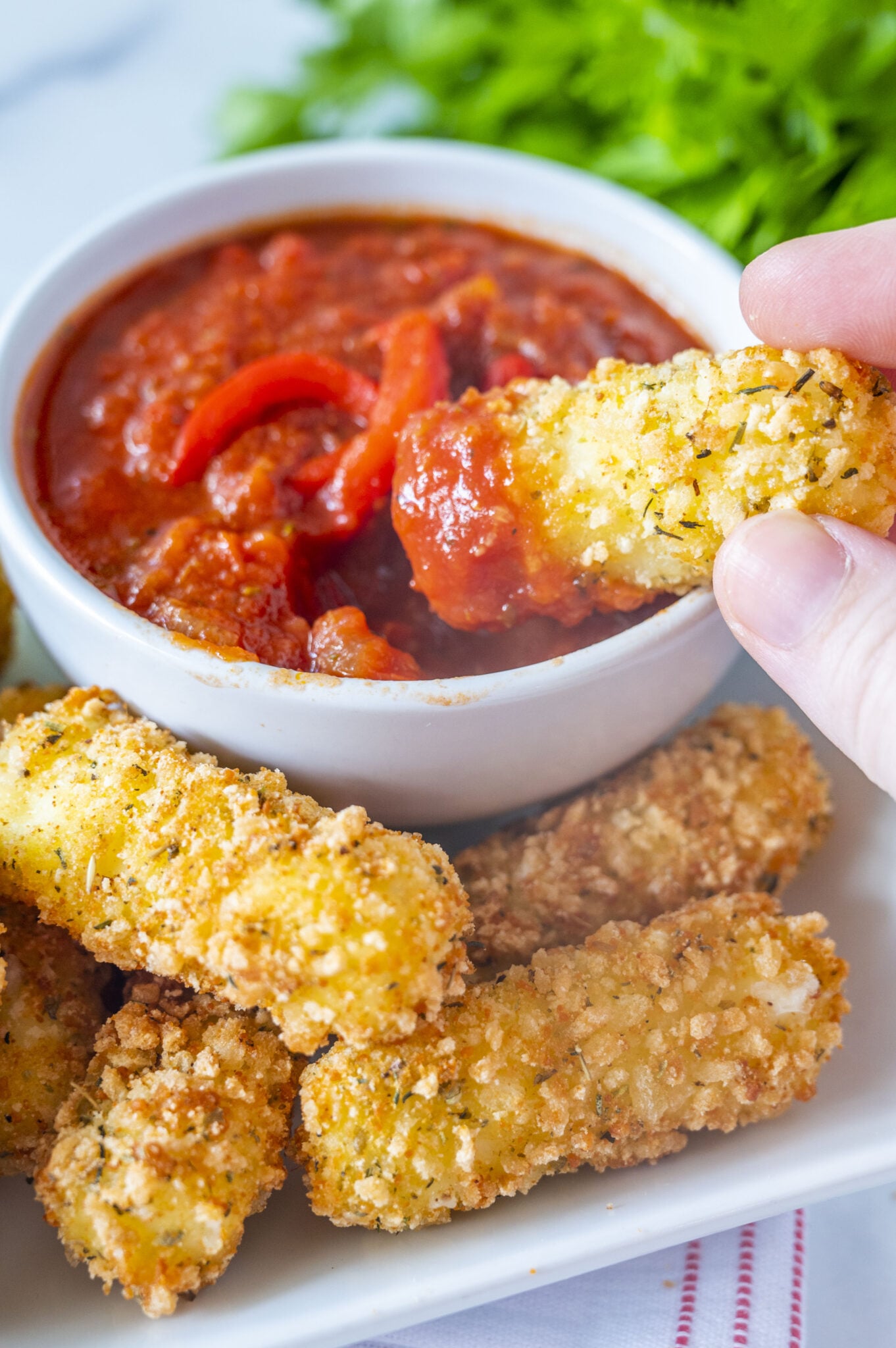 Gluten-Free Mozzarella Sticks with Roasted Red Pepper Marinara